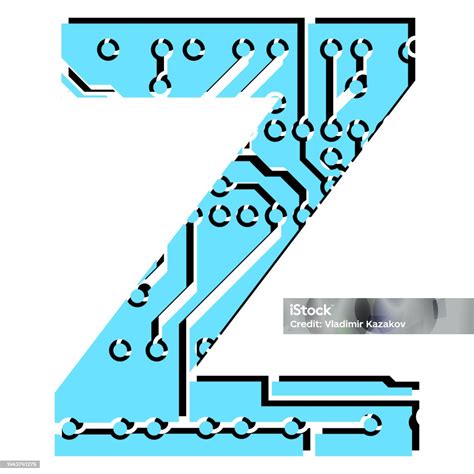 흰색으로 분리된 Pcb 회로 기판 트랙으로 천공된 라틴 디지털 문자 Z 현대 디지털 세계의 헤드 라인에 대 한 컬러 대문자 첫