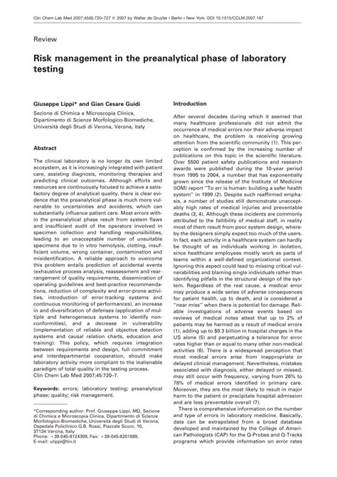 Pdf Risk Management In The Preanalytical Phase Of Laboratory Testing