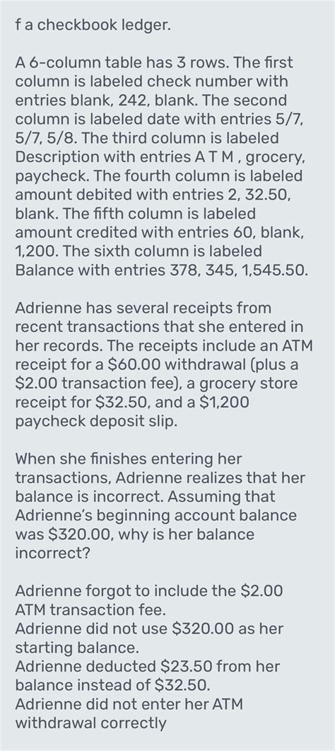solved a checkbook ledger a 6 column table has 3 rows the first