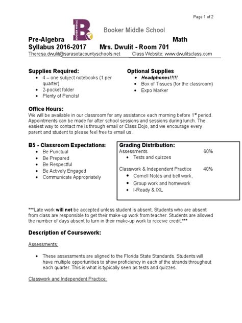 Pre Algebra Syllabus 2016 17 Pdf Classroom Cognition