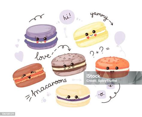 가와이 카카론 재미있는 얼굴과 손으로 그린 귀여운 프랑스 디저트 다채로운 마카롱 베이커리 스케치 아몬드 가루의 맛있는 과자 만화 비스킷 문자 벡터 재미 머랭 음식 쿠키에