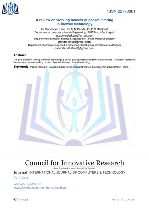 PDF A Review On Working Models Of Packet Filtering In Firewall Technology