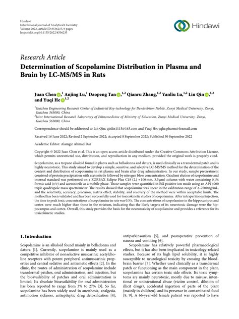 Pdf Determination Of Scopolamine Distribution In Plasma And Brain By