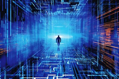 Vr 및 Ar 기술의 미래 개념 파란색 배경 메타버스 개념의 가상 현실 프리미엄 사진