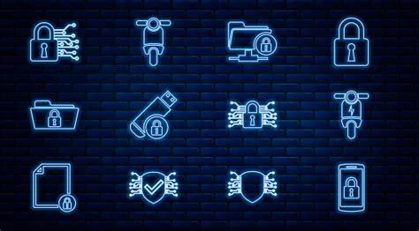 잠금 장치 전기 스쿠터 Ftp 폴더 및 Usb 플래시 드라이브 폴더 사이버 보안 및 스쿠터 아이콘이 있는 라인 스마트폰을 설정합니다 벡터 Usb 케이블에 대한 스톡 벡터