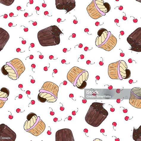 컵 케이크 패턴 일러스트입니다 페이스 트리와 함께 완벽 한 인쇄 설정합니다 벡터 빵집 배경입니다 손 그리기 스타일 감귤류 과일에 대한 스톡 벡터 아트 및 기타 이미지