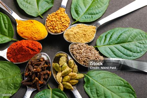 다양한 향신료 어두운 배경에 숟가락 복사 공간이 있는 맨 위 뷰입니다 0명에 대한 스톡 사진 및 기타 이미지 Istock