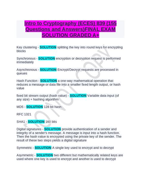 intro to cryptography eces 839 155 questions and answers final exam