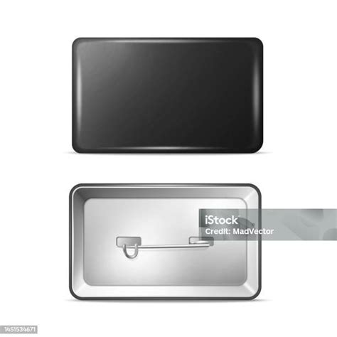 벡터 3d 현실적인 직사각형 블랙 금속 플라스틱 빈 빈 버튼 배지 아이콘이 격리되어 있습니다 버튼 핀 배지 광택 브로치 핀 전면