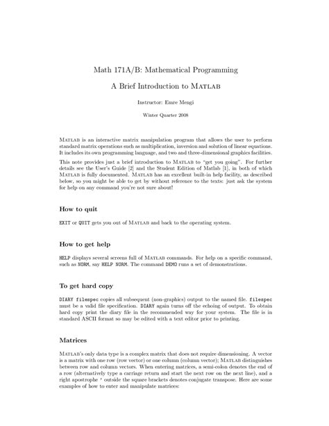 Notes On A Brief Introduction Of MATLAB Mathematical Programming MATH A Study Notes