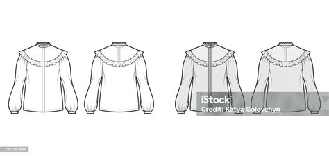 프레리 블라우스 테크니컬 패션 일러스트와 부퍼런트 롱 슬리브 스탠드 칼라 러플 요크 커프 가죽 버튼 업 블라우스에 대한 스톡