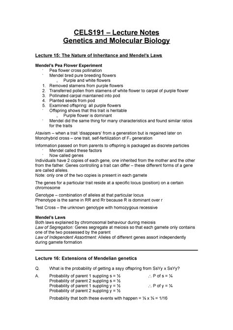 Cels191 Lecture Notes Genetics And Molecular Biology Cels191