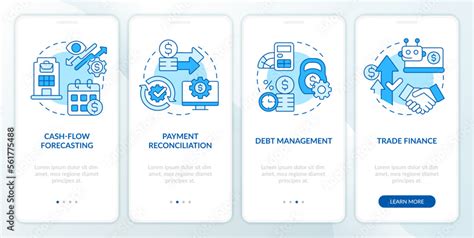 Treasury Management System Feature Blue Onboarding Mobile App Screen Walkthrough 4 Steps