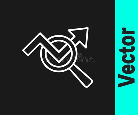 white line magnifying glass and data analysis icon isolated on black