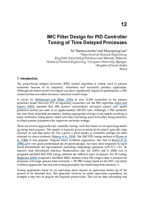 Pdf Imc Filter Design For Pid Controller Tuning Of Time Delayed Processes