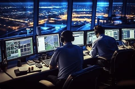 Premium Photo Two Men Sitting In Front Of Multiple Computer Monitors