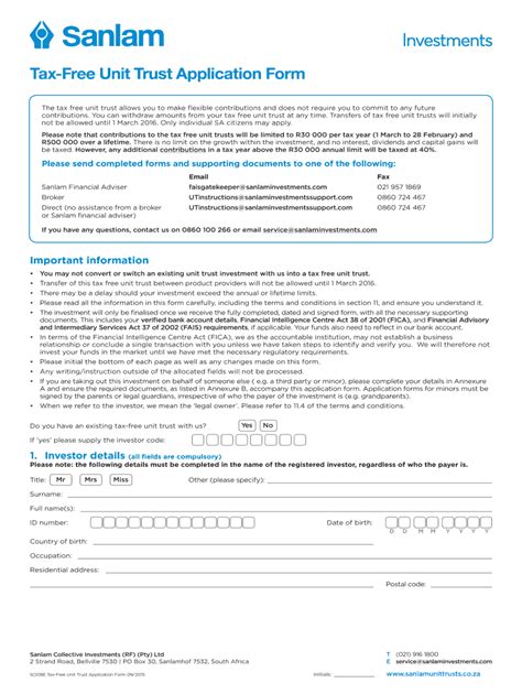 Fillable Online Tax Free Unit Trust Application Form Sanlam