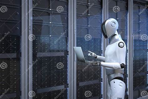 automation server with humanoid robot working in server room stock