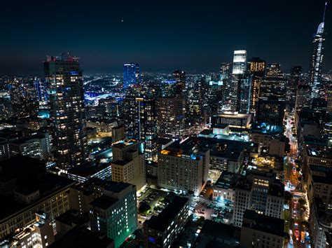Commercial And Residential Towers In Downtown La Lit Up At Night Aerial