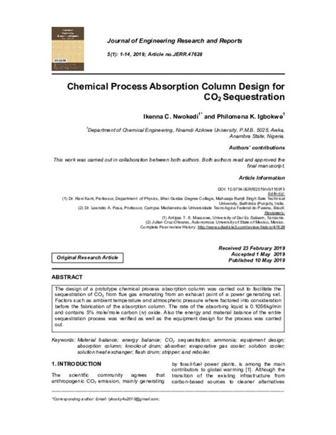Pdf Chemical Process Absorption Column Design For Co2 Sequestration