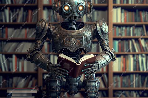 Premium Ai Image A Robot Reading A Book In Front Of A Bookshelf