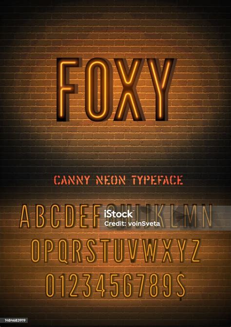 벽돌 벽 배경에 숫자가 있는 좁은 주황색 네온 글꼴 벡터 폭시 야간 조명 상자 기호 3차원 형태에 대한 스톡 벡터 아트 및 기타