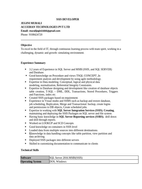 Ssis Developer Resume Jegini Murali Pdf Microsoft Sql Server Databases