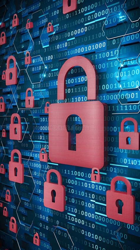 Hexagons Binary Numbers And Red Padlocks Symbolize Digital Security