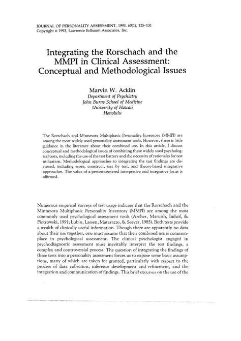 Pdf Integrating The Rorschach And The Mmpi In Clinical Assessment Conceptual And