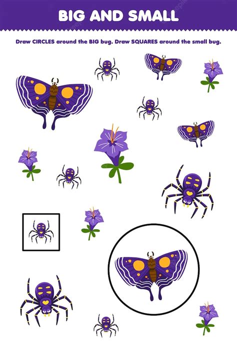 어린이를 위한 교육 게임은 귀여운 만화 나비 거미 꽃 인쇄 가능한 버그 워크시트의 원과 사각형을 그려 크거나 작은 크기로