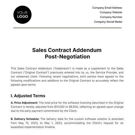 Sales Contract Addendum Post Negotiation Template Edit Online