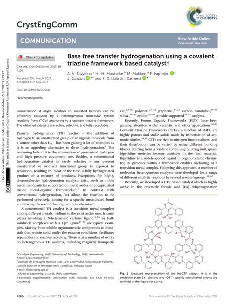 Pdf Base Free Transfer Hydrogenation Using A Covalent Triazine Framework Based Catalyst