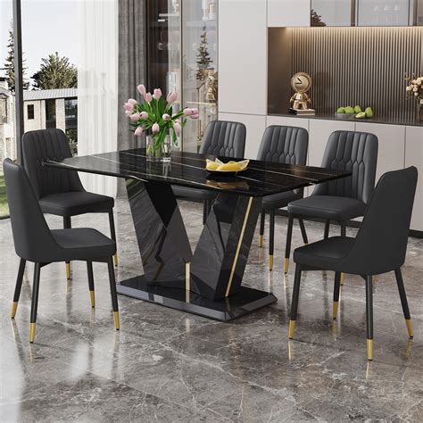 Elegant Black Kitchen Table With 6 Chairs Modern Dining Set For