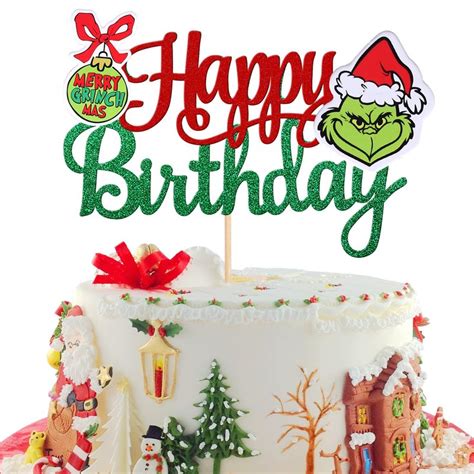 1 Pcs Glitter Grinch Happy Birthday Cake Topper Assembled Merry
