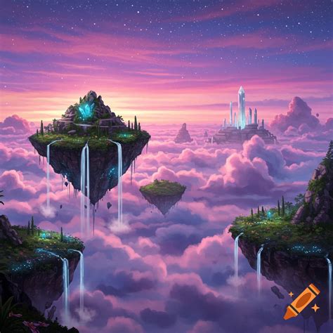 A Divine Landscape With Floating Islands Waterfalls Temples And