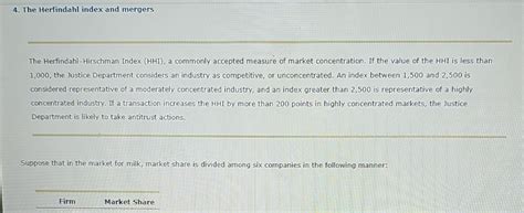 Solved 4 The Herfindahl Index And Mergers The