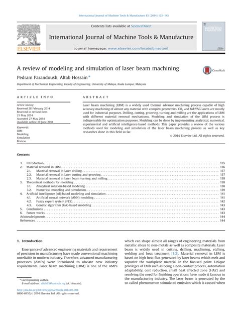 Pdf A Review Of Modeling And Simulation Of Laser Beam Machining