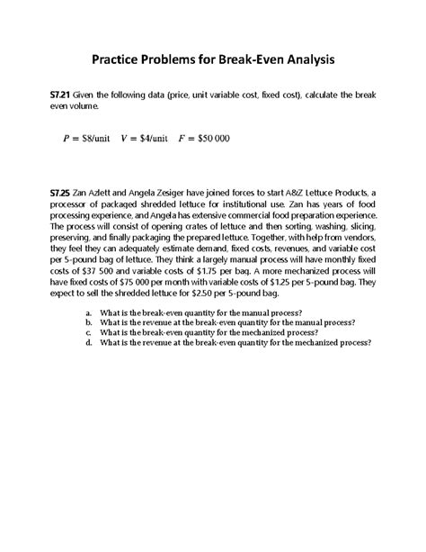 [practice Problems] Practice Problems For Break Even Analysis