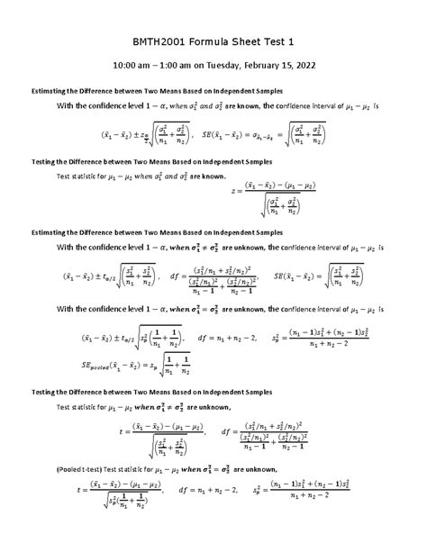 Formula Sheet Of Quantitative Methods For Test 1 Bmth2001 Formula