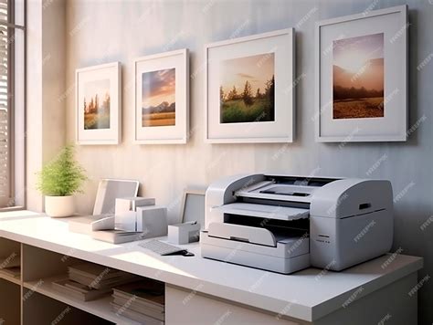 데스크톱 프린터 인쇄 문서의 밝고 아늑한 사무실 보조 작업 생성 Ai의 개념 프리미엄 사진