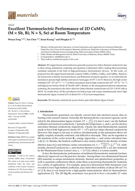 Pdf Excellent Thermoelectric Performance Of 2d Cumn2 M Sb Bi N S Se At Room Temperature