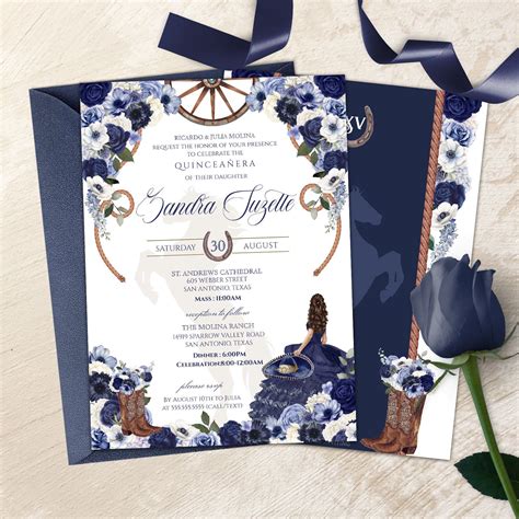 Navy Blue And White Charro Quinceañera Invitation Blue Rustic Western