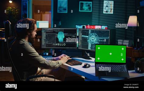 Engineer With Eeg Headset On Programming Brain Transfer Into Computer Virtual World Next To