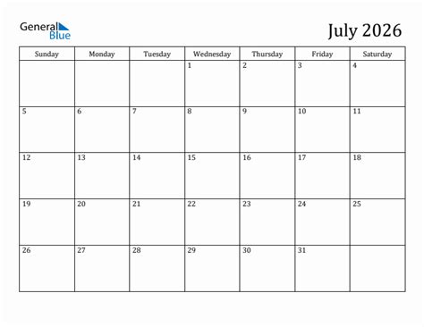 Printable July 2026 Calendar