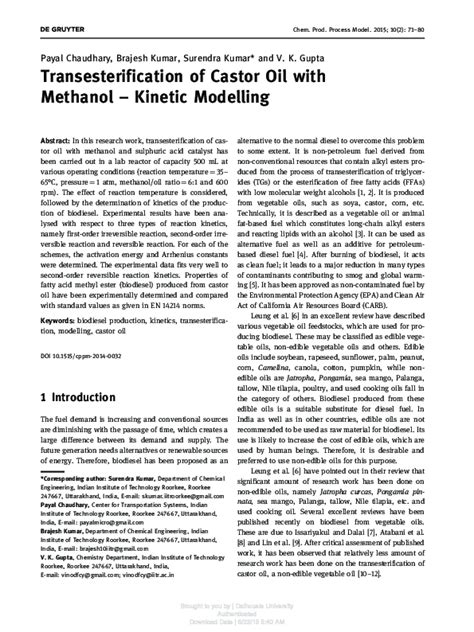 Pdf Transesterification Of Castor Oil With Methanol Kinetic Modelling