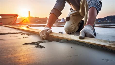 Sunset Construction Scene With Hands Smoothing Concrete Generative Ai Stock Illustration