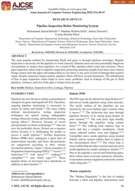 Pipeline Inspection Robot Monitoring System Pdf