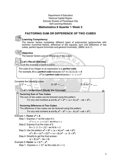 Math8 Quarter1 Week2 Module2 Pdf Factorization Polynomial