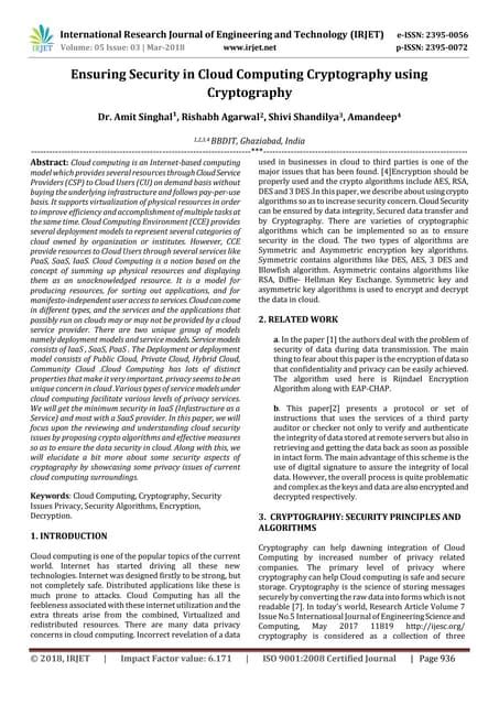 Irjet Ensuring Security In Cloud Computing Cryptography Using