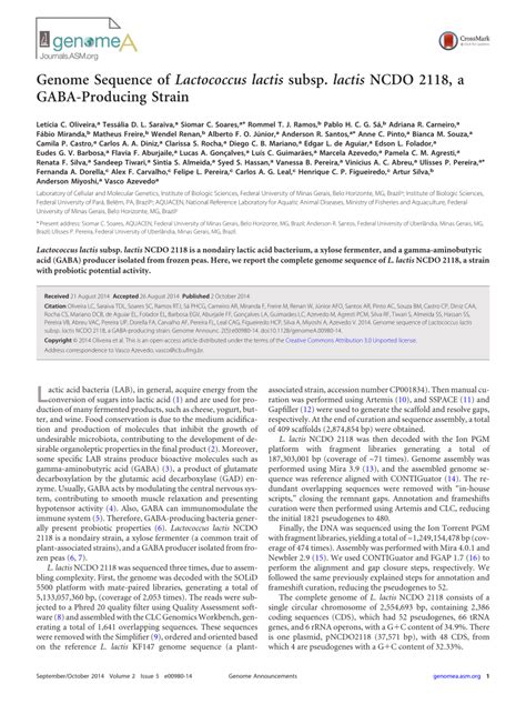 Pdf Genome Sequence Of Lactococcus Lactis Subsp Lactis Ncdo 2118 A Gaba Producing Strain